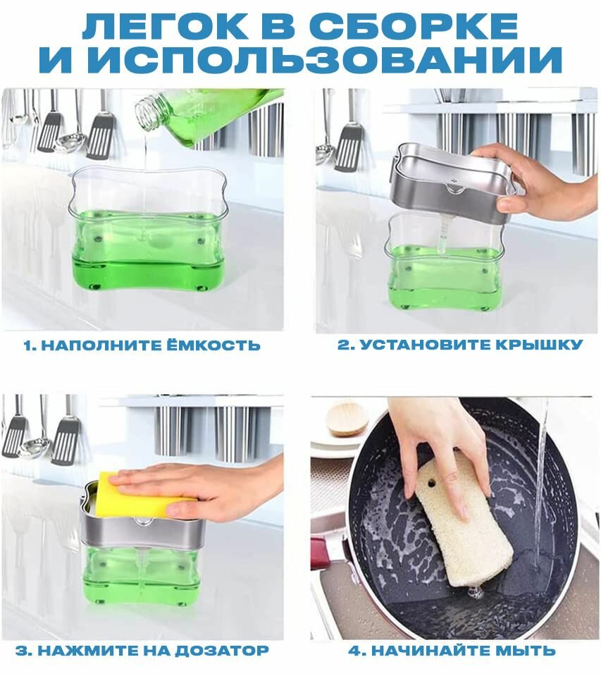 Диспенсер для мыла-пены с подставкой для губки — компактный кухонный дозатор, удобный и экономичный помощник в доме — фото 1