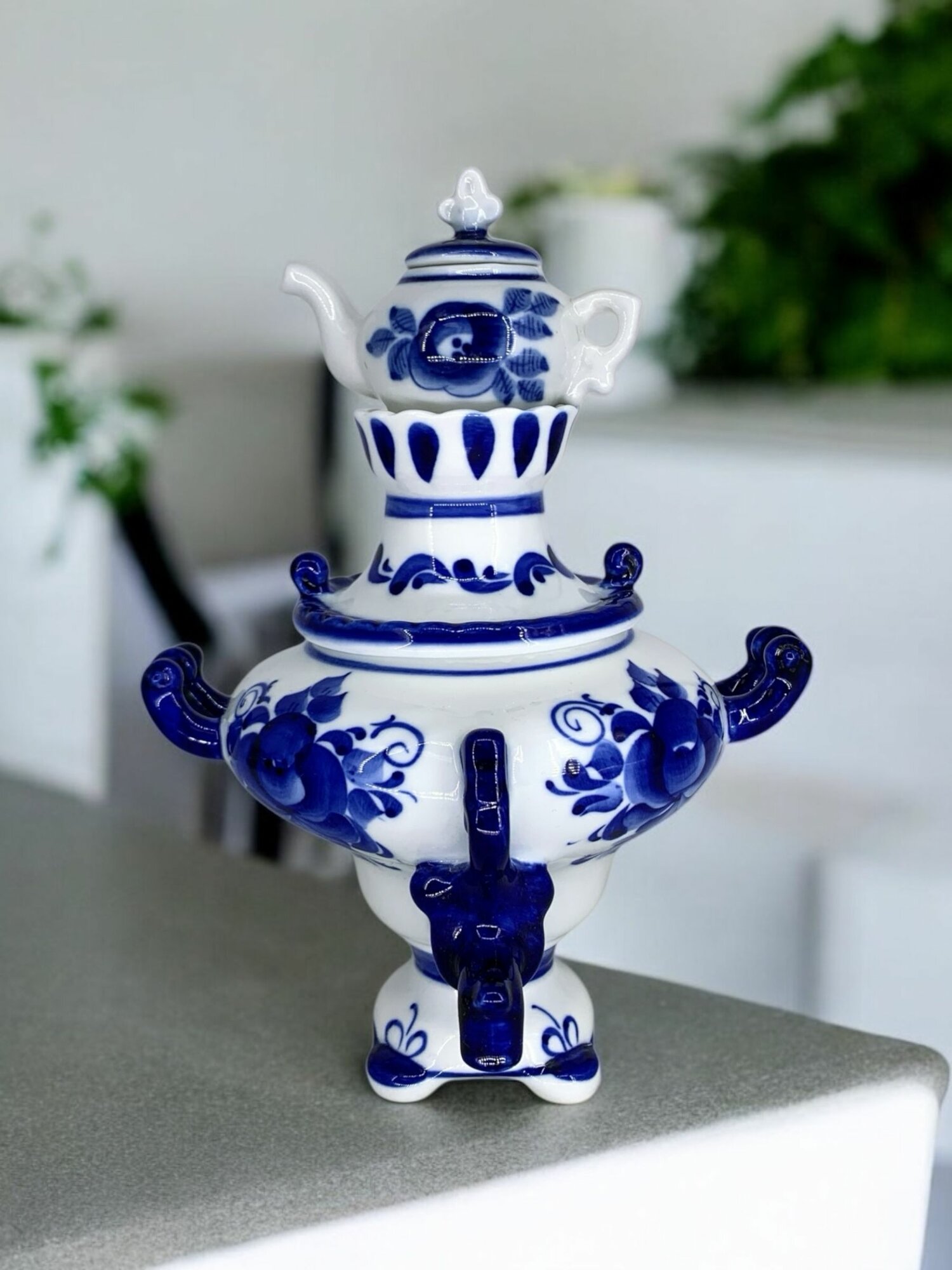 Чайница "Самовар" 19.5 см гжель фарфор ручная работа