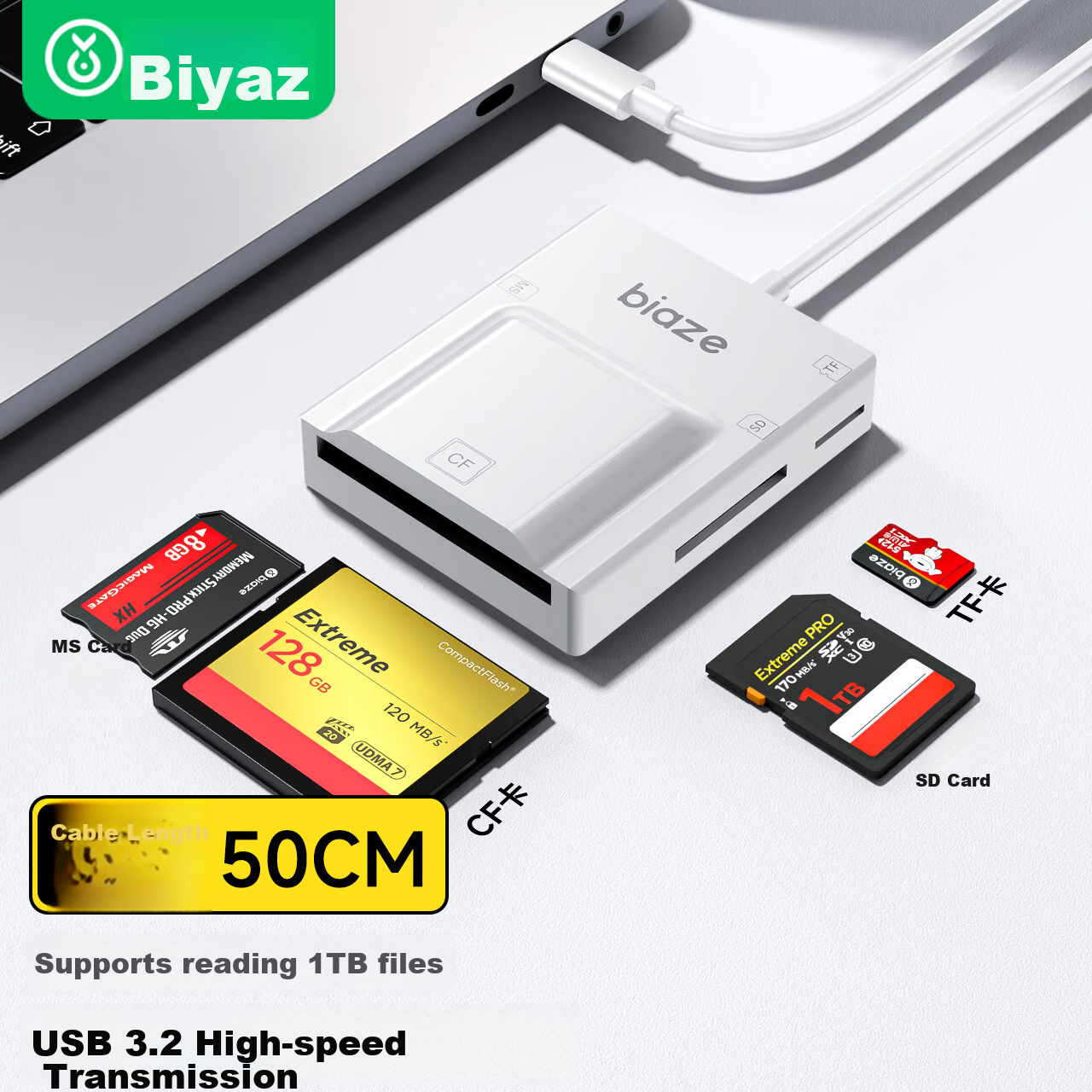 Biaze SD/TF/CF/MS Card High-Speed Multi-Function All-In Card Reader Type-C 3.0 Supports Memory Cards, Camera, Recorder, Monitor, Mobile Phone, Cable Length 0.5m Card Reader White