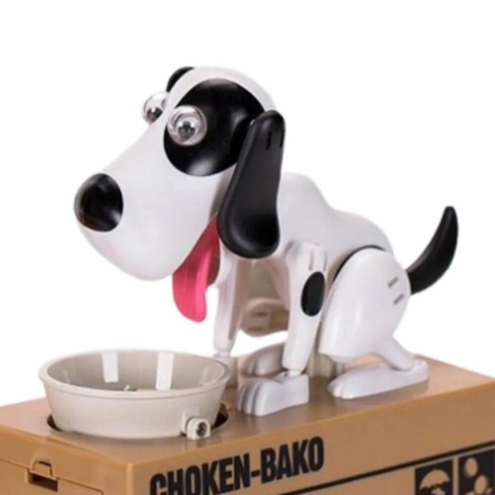 Интерактивная копилка-воришка для монет собака с миской, белая с черным