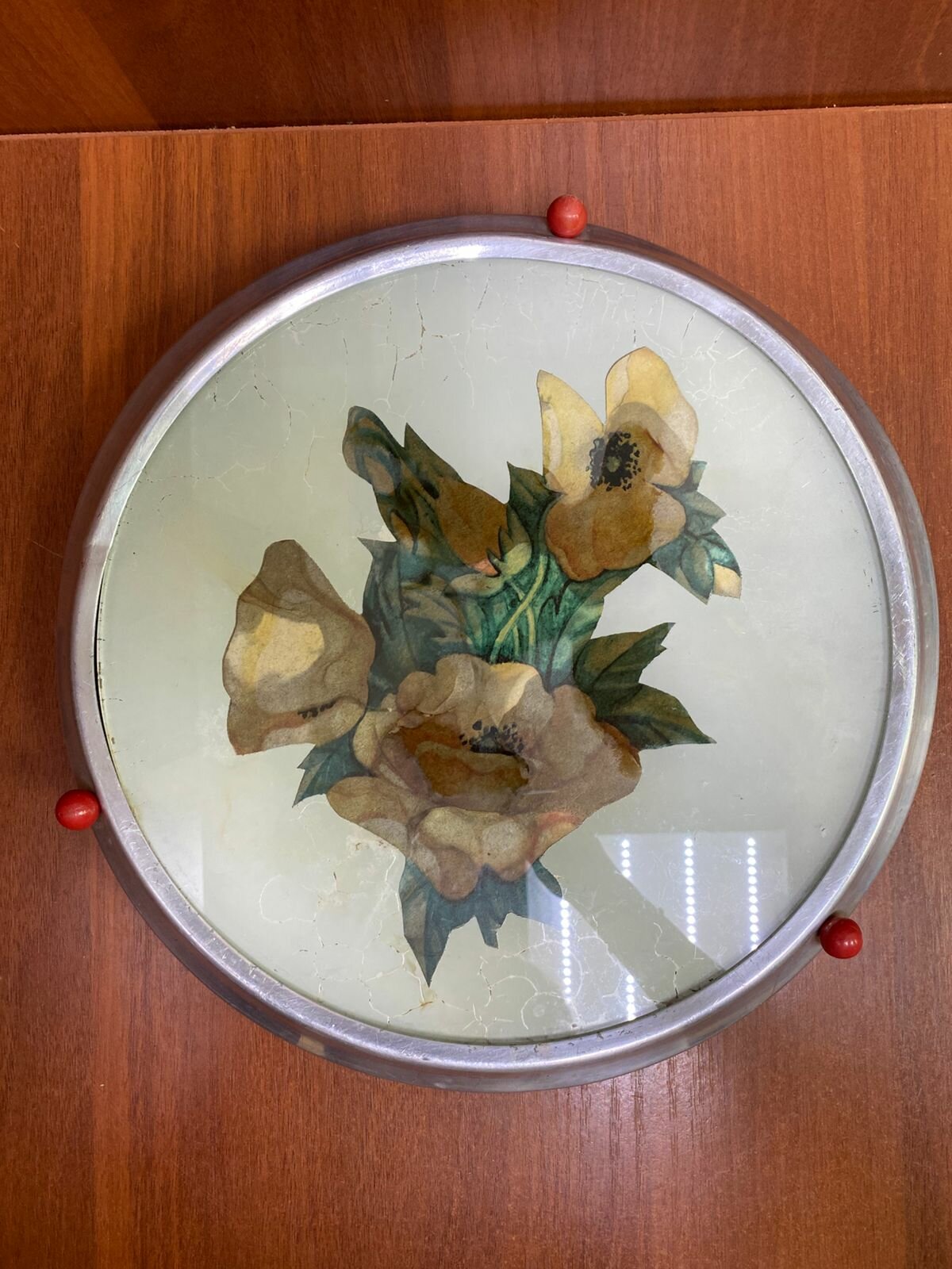 Менажница поднос "Цветы" крутящийся металл, стекло СССР, д-33см