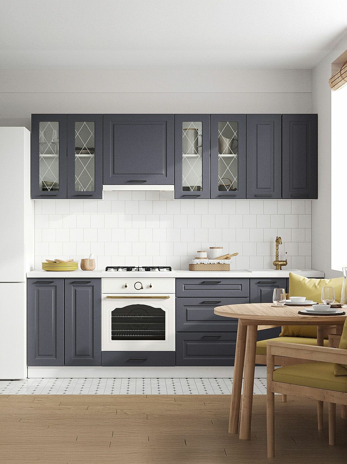 Кухонный гарнитур Шервуд 2.4 м, мебель для дома и кухни, Белый / Шато индиго со стеклом