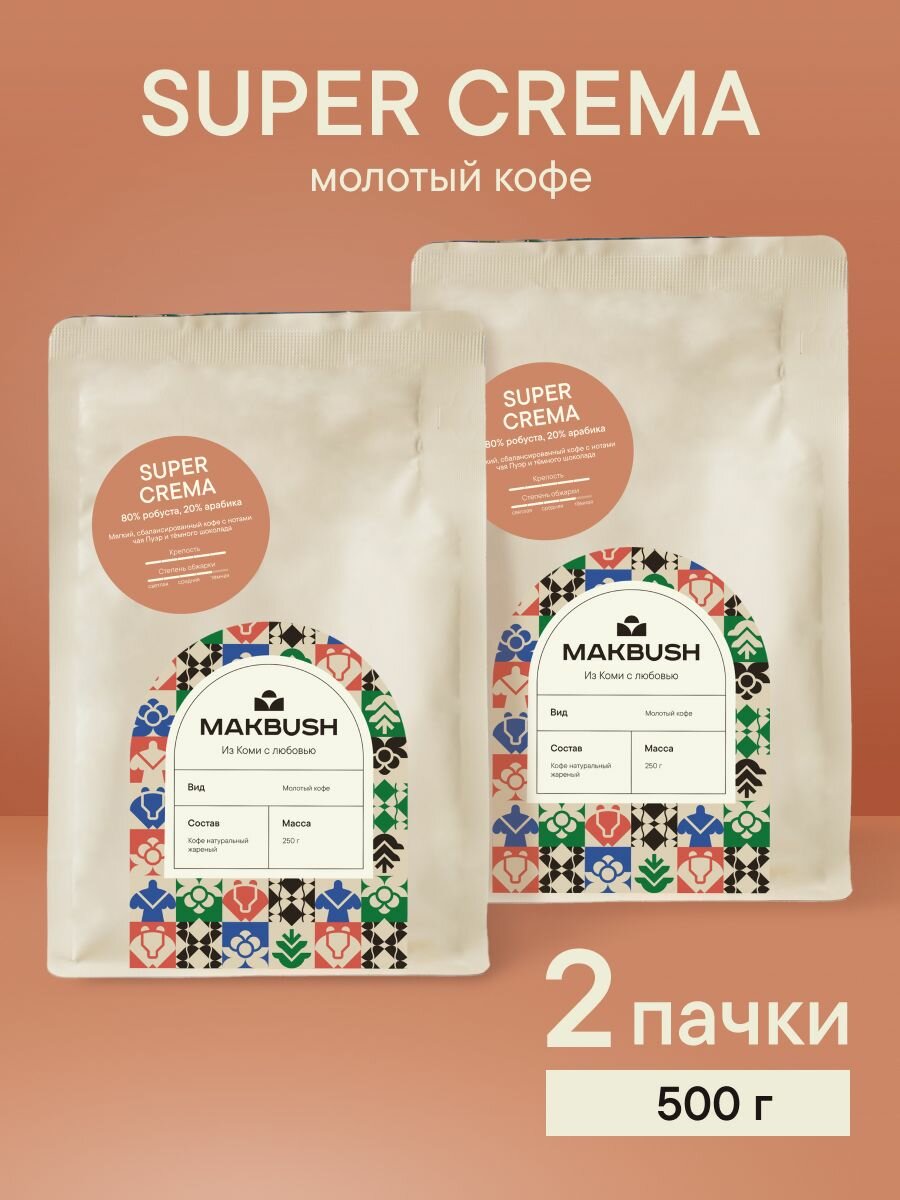 Кофе молотый MakBush SUPER CREMA 2 шт по 250 гр, арабика 20%, робуста 80%, средний помол, 500 г.