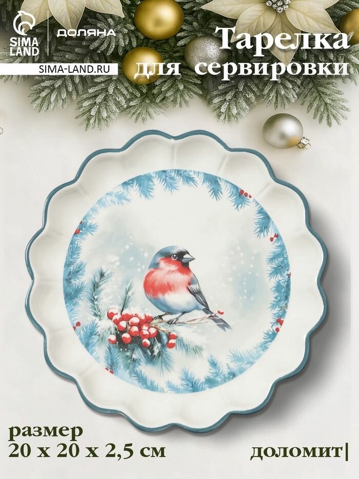 Тарелка Доляна Зимний вечер, сервировочная, новогодняя, 20х20х2.5 см, доломит, белая