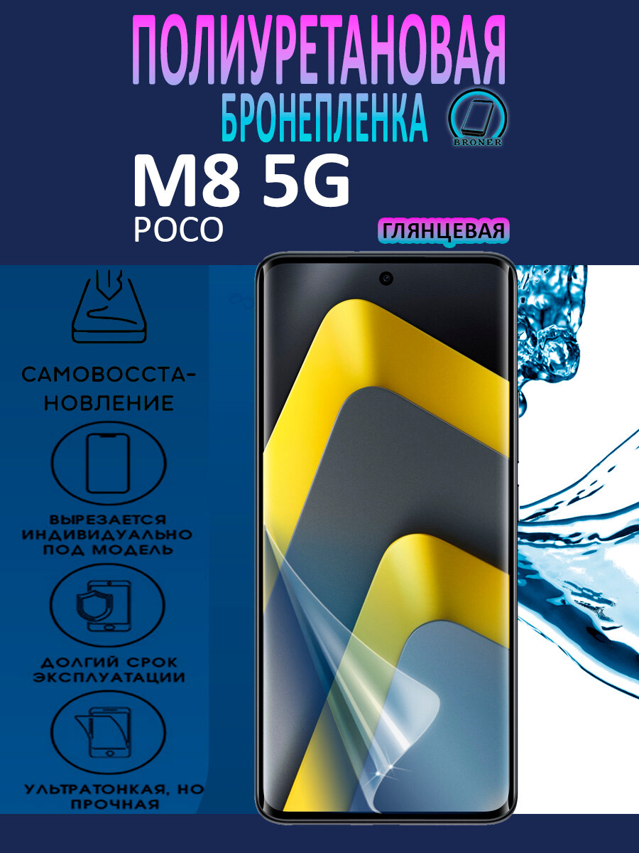 Полиуретановая бронепленка для POCO M8 5G / Защитная плёнка на экран, совместима с чехлом, с вырезом под камеру / Глянцевая