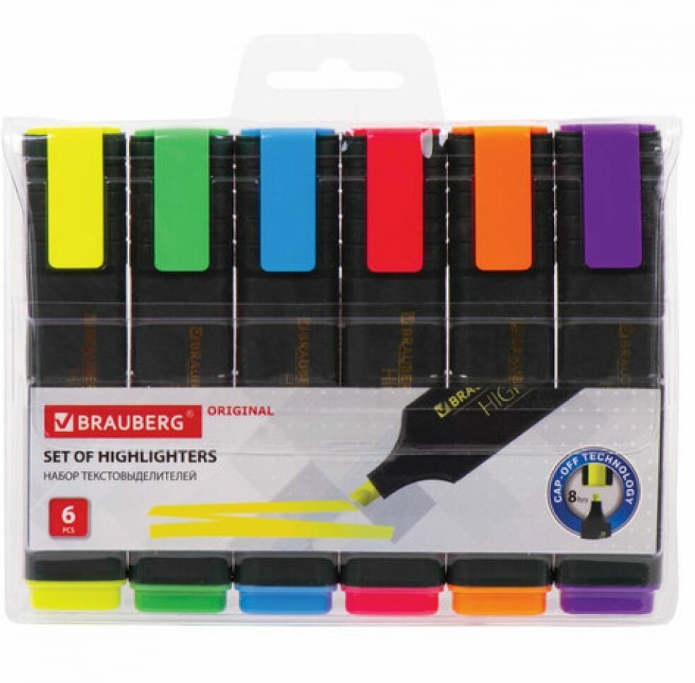 BRAUBERG Набор текстовыделителей 6 шт, ассорти, ORIGINAL , линия 1-5 мм, 151690