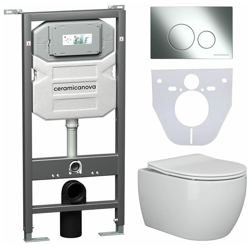 Комплект 4 в 1 Ceramicanova с инсталляцией Envision, безободковым унитазом Play, клавишей Round хром