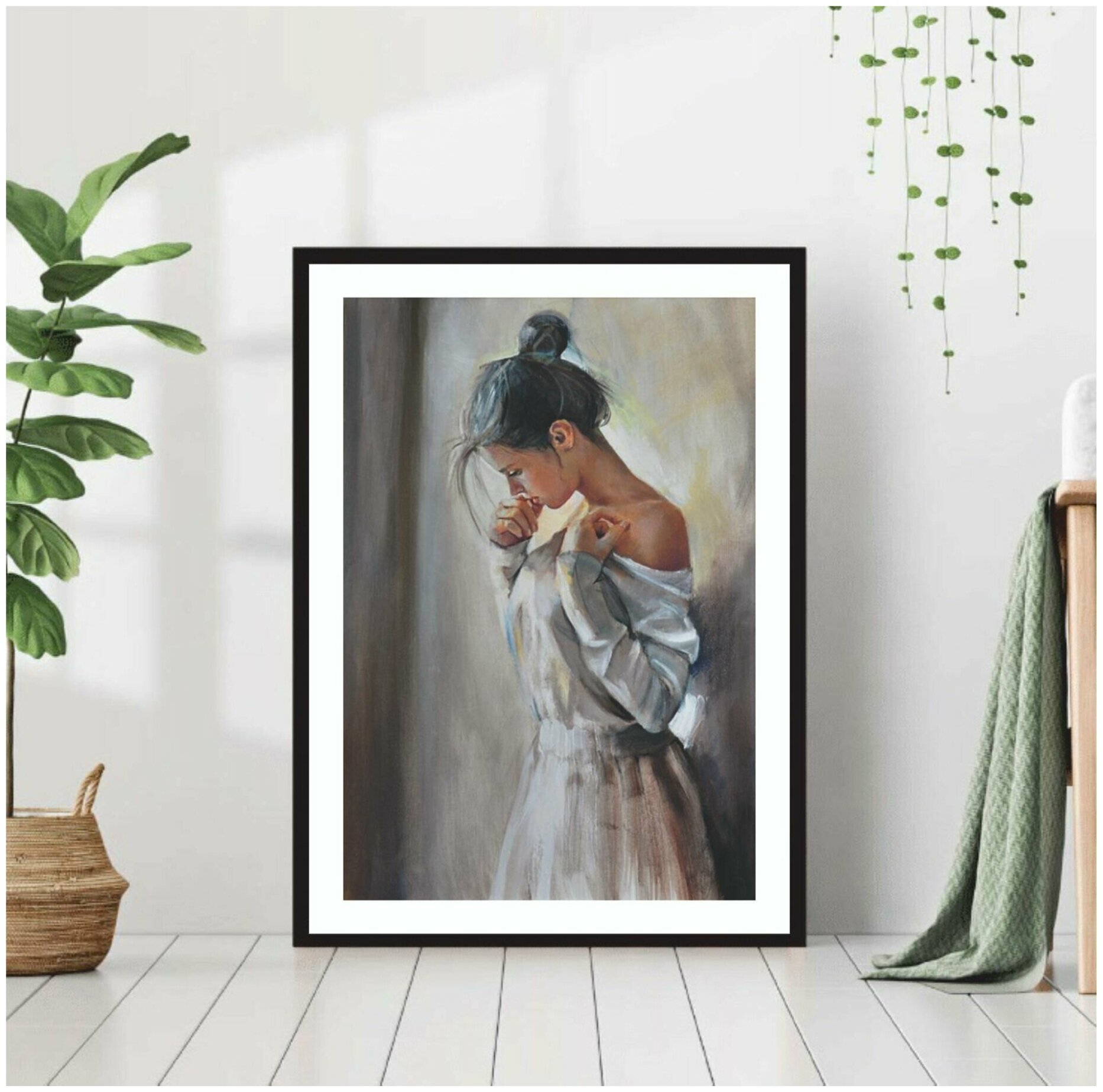 Постер "Женский портрет живопись" 50x70 в черной рамке на стену для интерьера