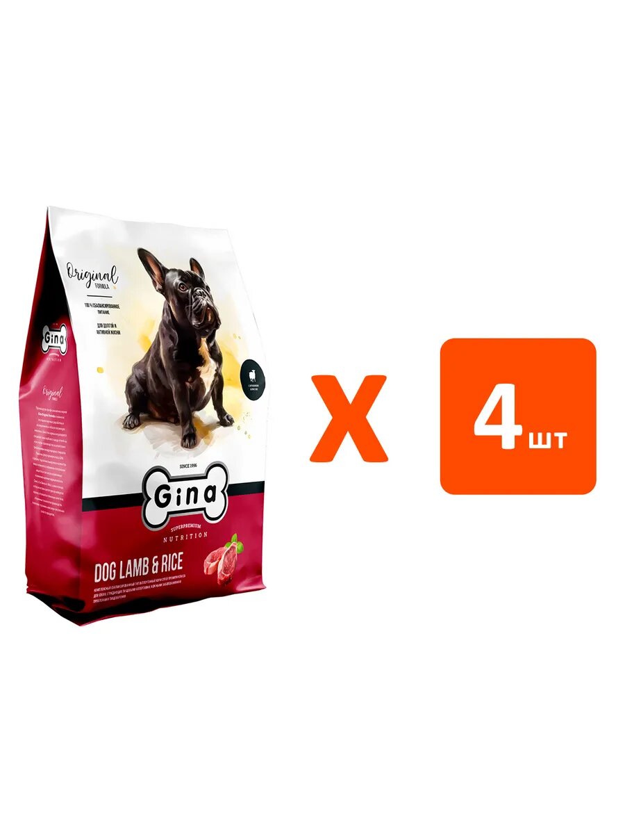 Корм сухой Gina Adult Dog Lamb&Rice для взрослых собак с чувствительным пищеварением, ягненок и рис, 3 кг 4 шт