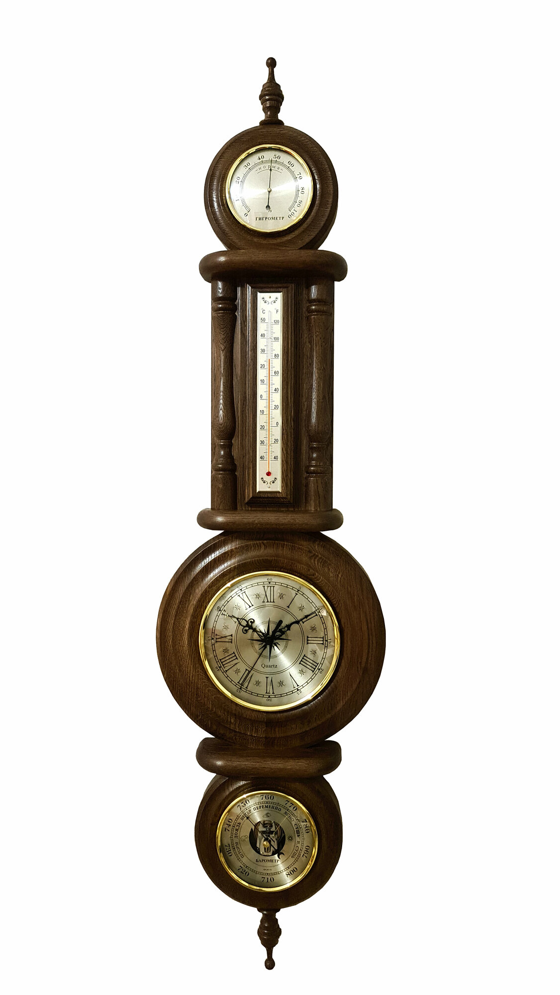 Метеостанция настенная деревянная большая механическая домашняя барометр термометр гигрометр часы смич БМ20 часы массив дерева размер 30х117х6см