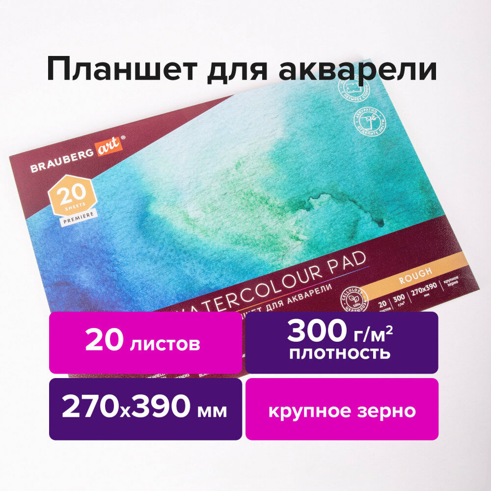 Папка для акварели/планшет, 300 г/м2, 270х390 мм, склейка, крупное зерно, 20 л, BRAUBERG ART PREMIERE, 113250, 1 шт