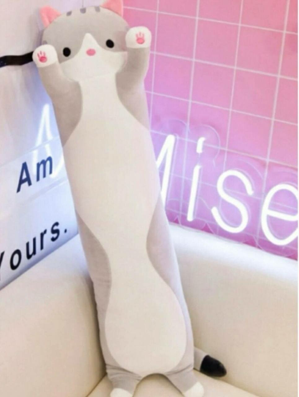 Мягкая игрушка длинный Кот батон, серый, 130 см