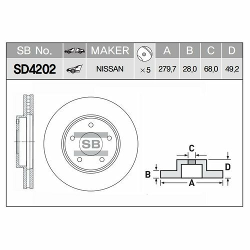 Диск тормозной NISSAN X-TRAIL (T30)/MAXIMA QX (A33)/PRIMERA (P12) передний вент. SD4202 Sangsin sd4202