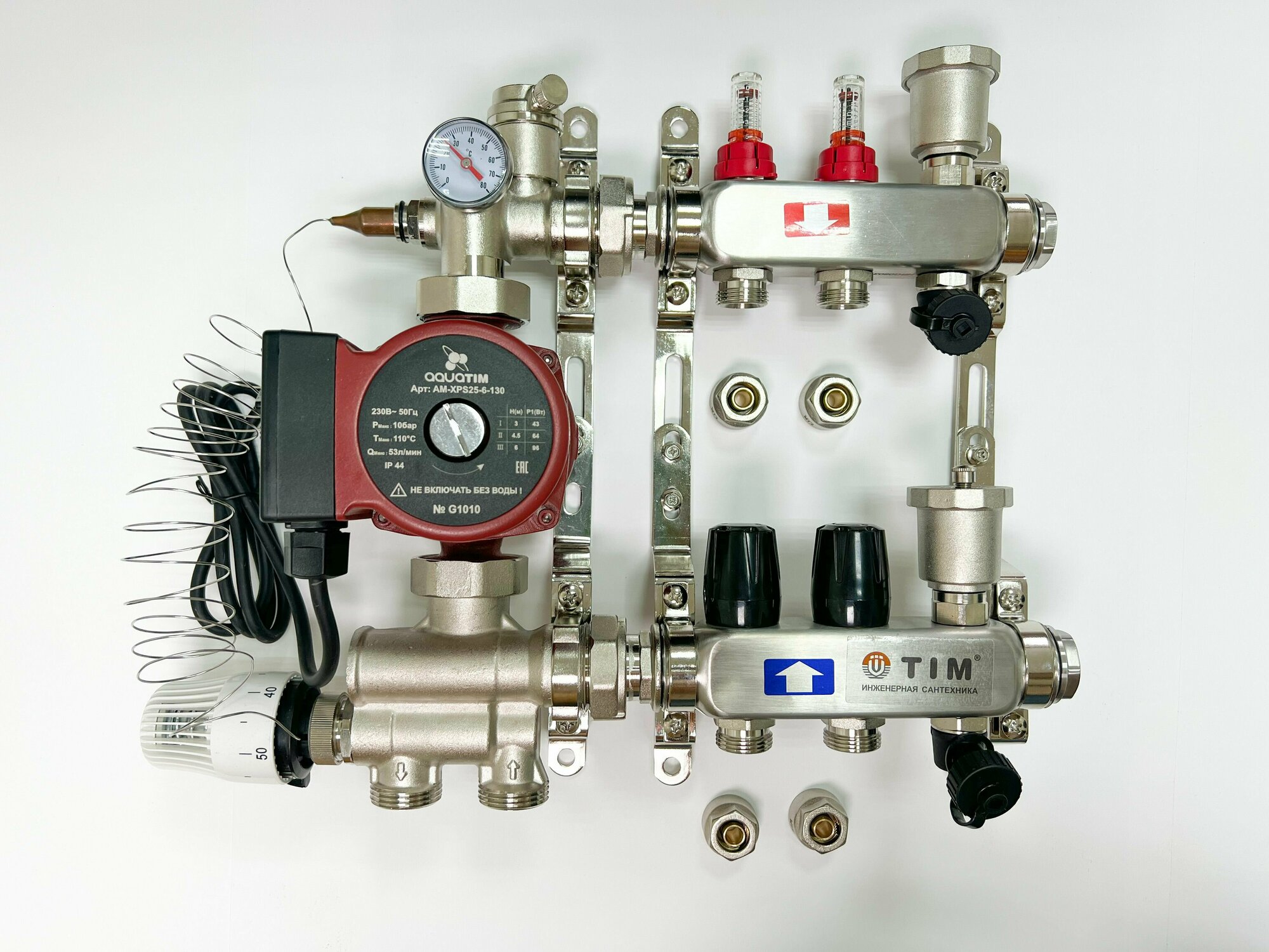 Комплект для водяного теплого пола: коллектор 2 выхода с расходомерами+смесительный узел+насос 25-6+евроконусы (до 30м2)