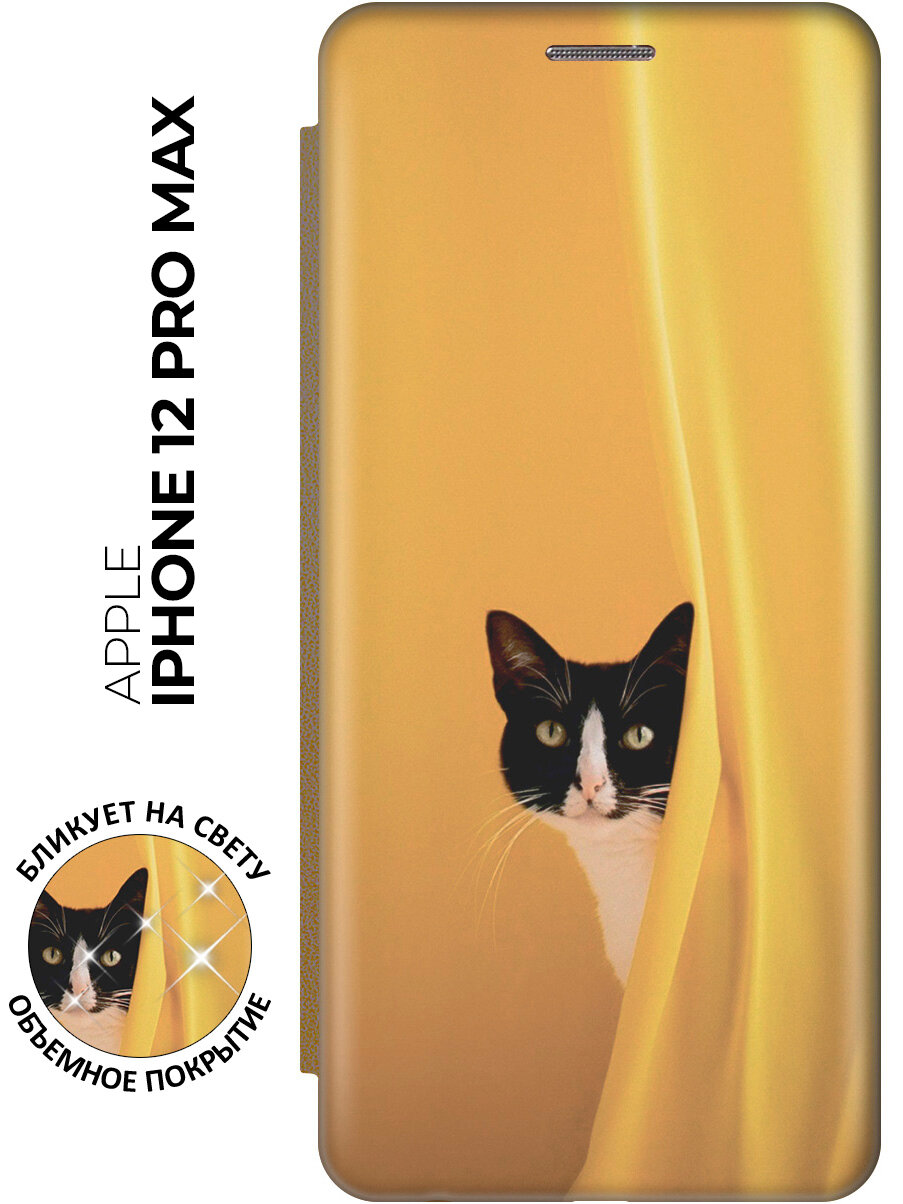 Чехол-книжка на Apple iPhone 12 Pro Max / Эпл Айфон 12 Про Макс с рисунком "Выглядывающий котик" золотистый