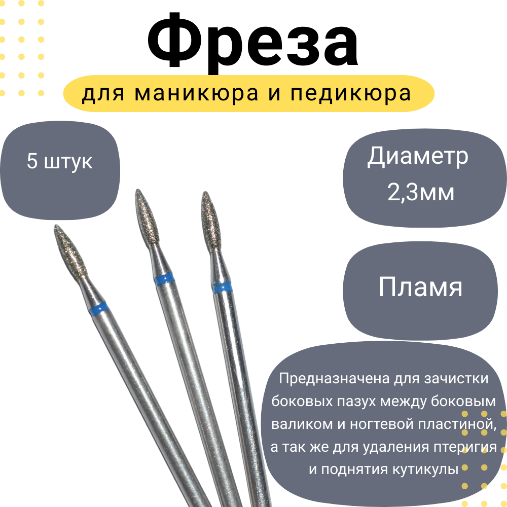 Фреза алмазная для аппаратного маникюра и педикюра, пламя, синяя насечка, 2,3 мм, 5 шт.