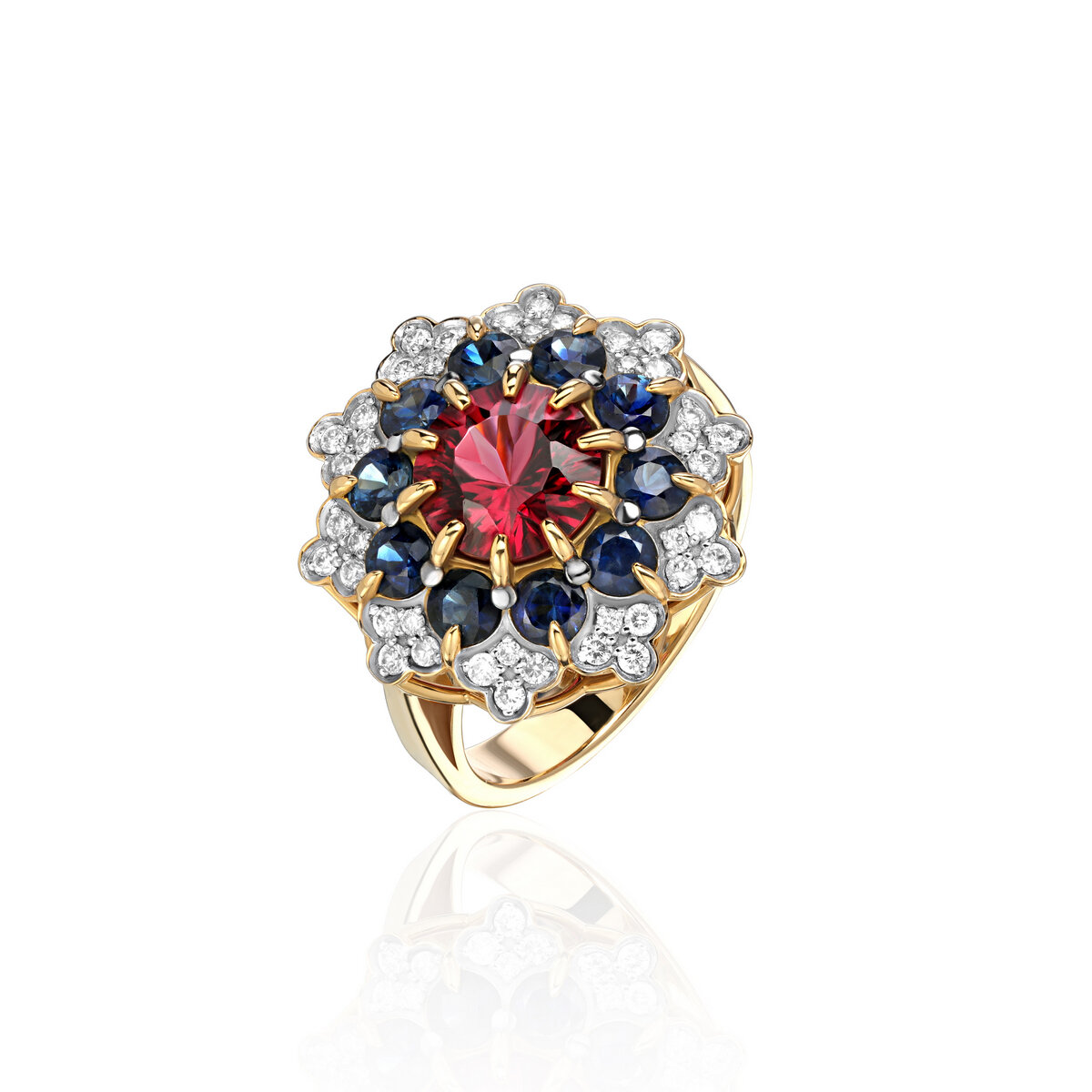 Кольцо, желтое золото, 750 проба, бриллиант, родолит, сапфир