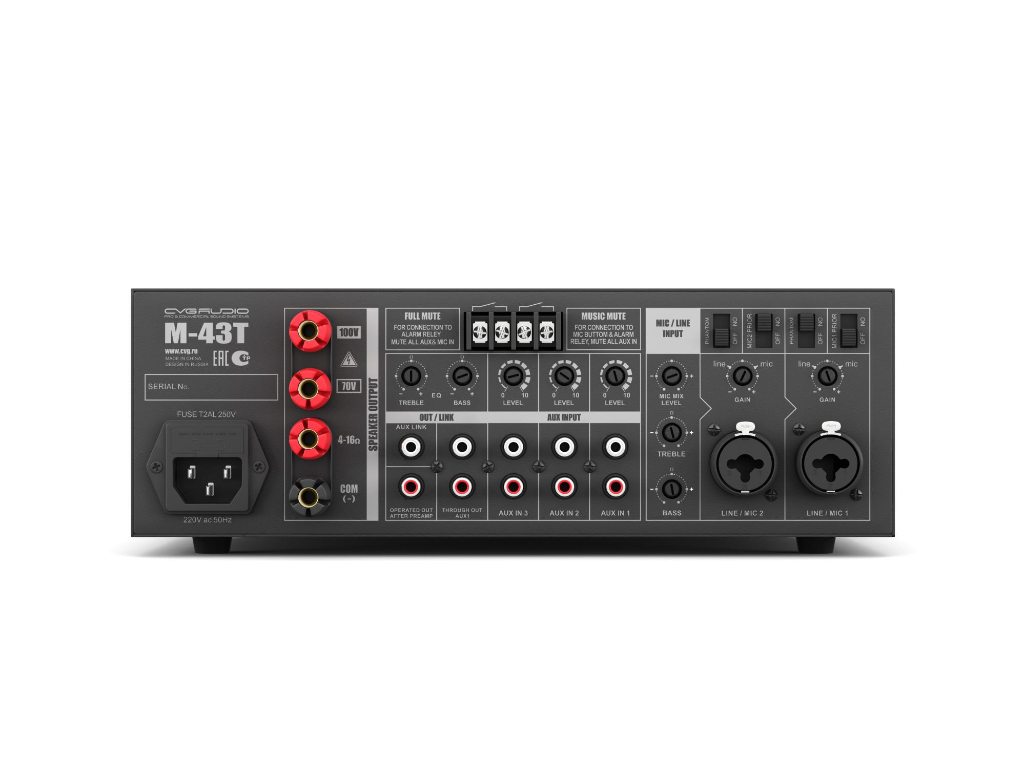 CVGAUDIO M-43T - Профессиональный микшер-усилитель для качественных систем трансляции фоновой музыки и оповещения, 40W/100V, 3 line in, 2 mic/line in (настраиваемый приоритет), управляющие контакты FULL MUTE, MUSIC MUTE, раздельный EQ для линейных и микро