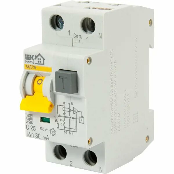 Автоматический выключатель дифференциального тока IEK Home 1P N C25 А 30 мА 6 кА АС MAD22-5-025-C-30