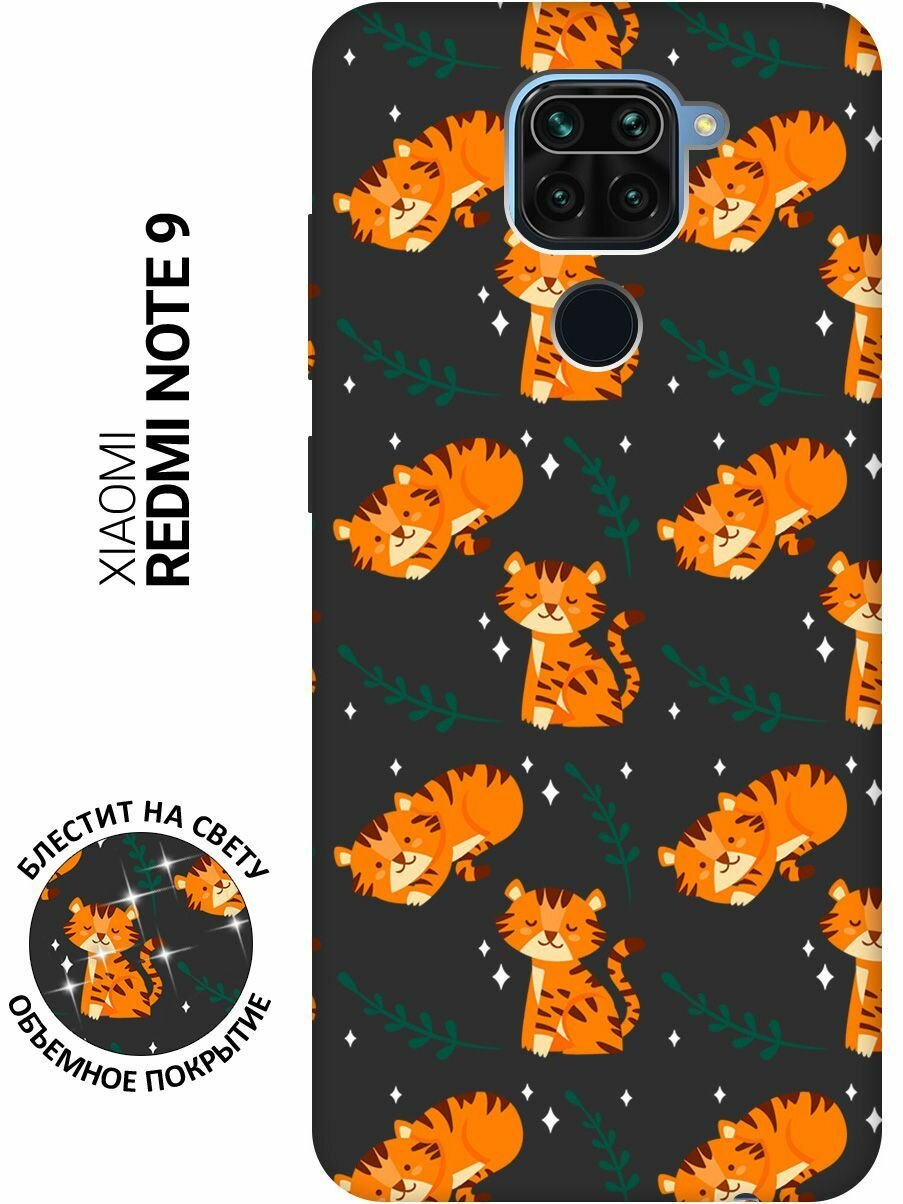 Матовый Soft Touch силиконовый чехол на Xiaomi Redmi Note 9, Сяоми Редми Ноут 9 с 3D принтом "Tigers" черный