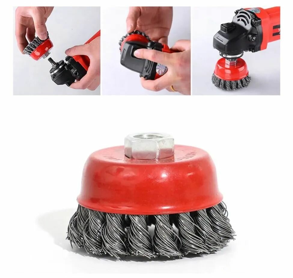 Щетка металлическая 3 штуки для УШМ, крученая проволока, щетка чашечная 75мм