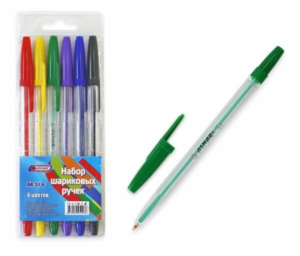 Набор шариковых ручек 6 цветов прозрачный корпус (AR-51)