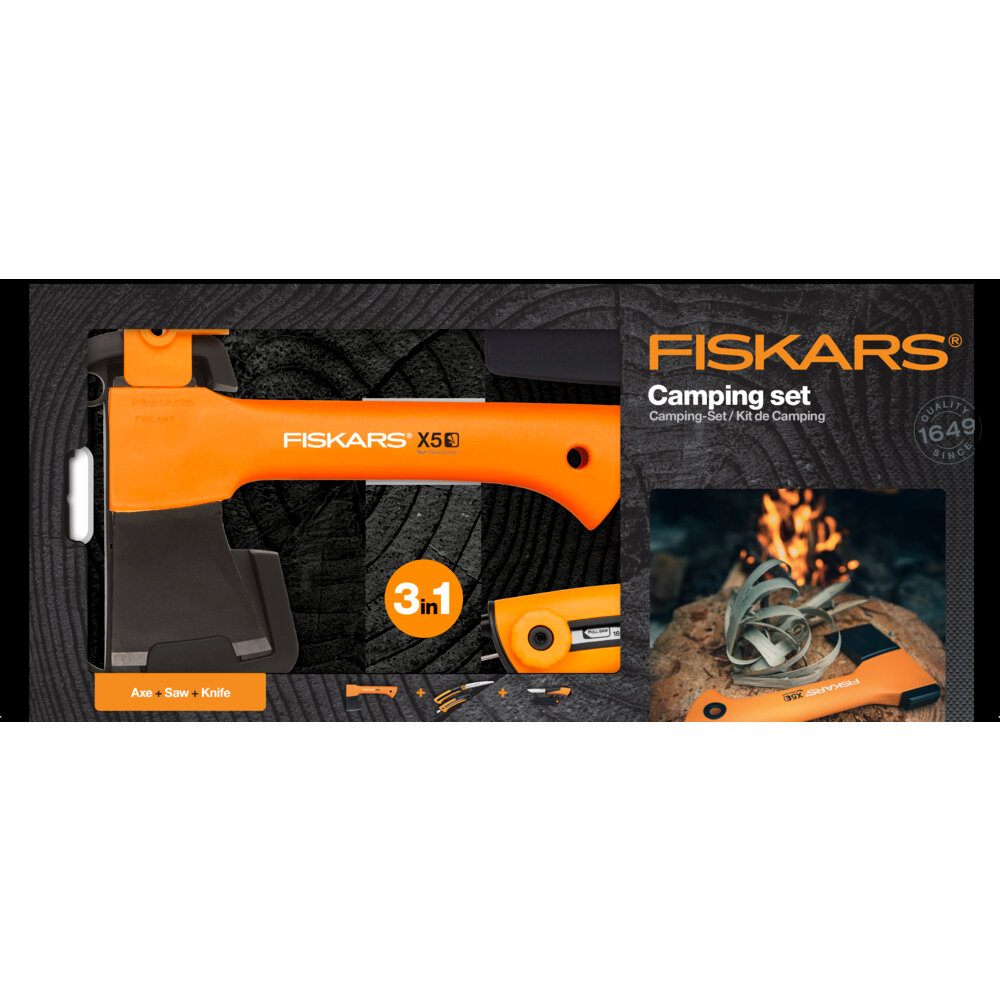 Набор походный FISKARS: топор Х5 + универсальный нож + садовая пила