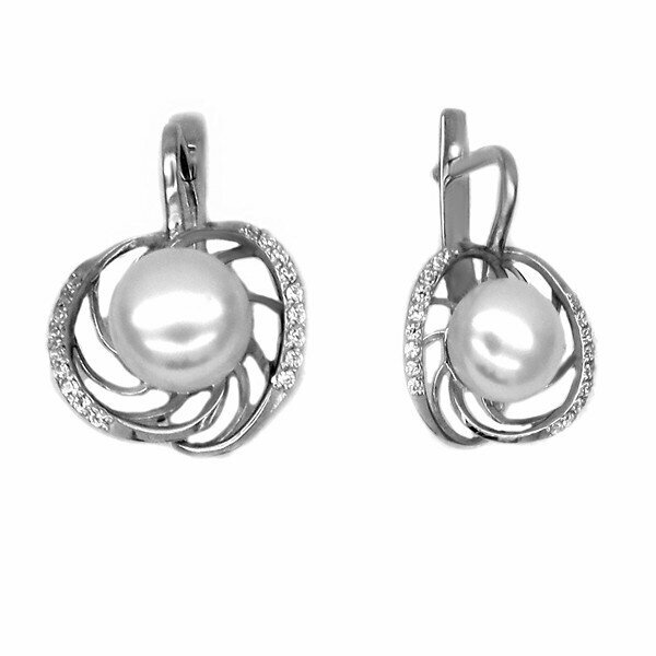 Серьги, серебро, 925 проба, жемчуг, фианит
