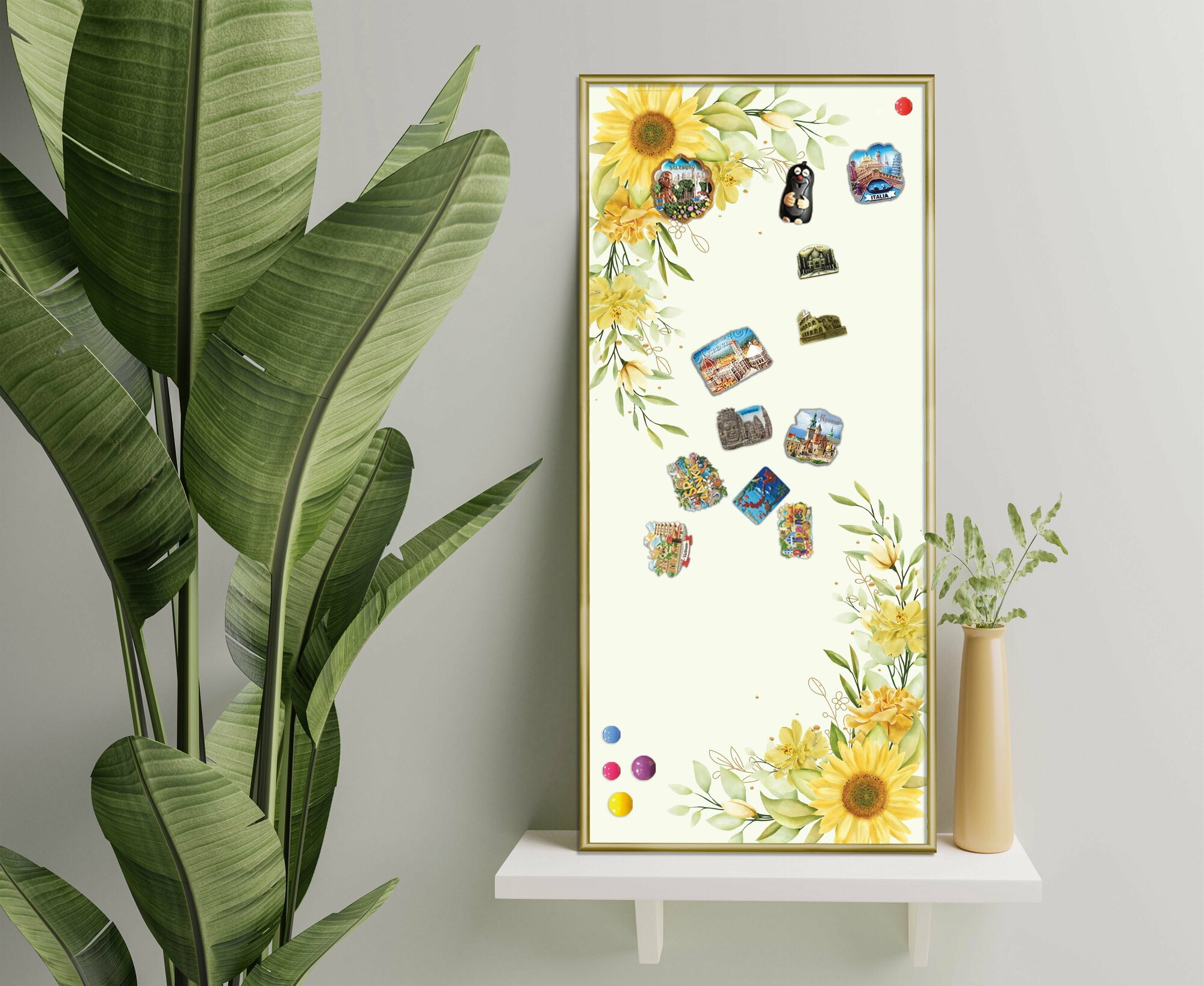 Магнитная настенная доска АртБорд "Подсолнухи" полимерная для хранения магнитов, с горизонтальным и вертикальным креплением, для дома и офиса, в тонком алюминиевом багете, 75х34 см