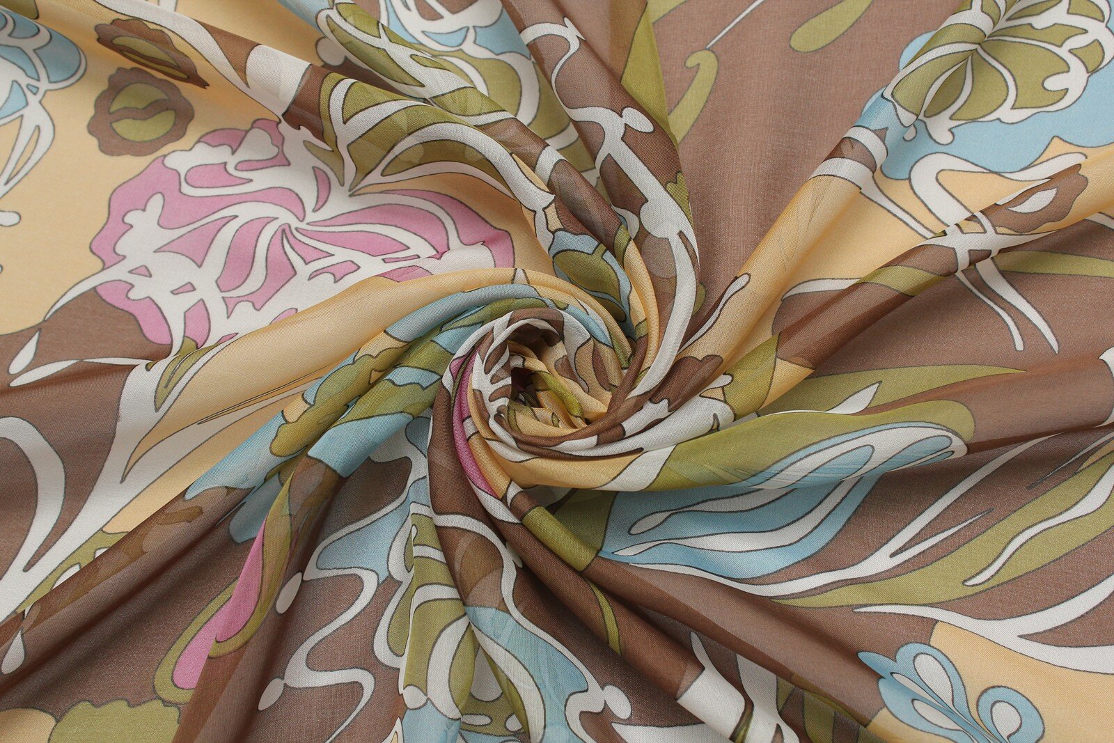 Ткань Шелковый шифон коричнево-фисташковый с розовым, голубым и бежевым, ш138см, 0,5 м