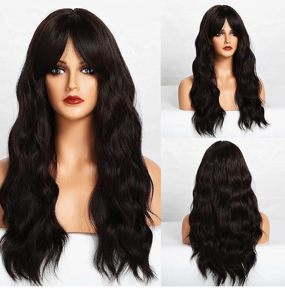 Черный парик волнистый с челкой