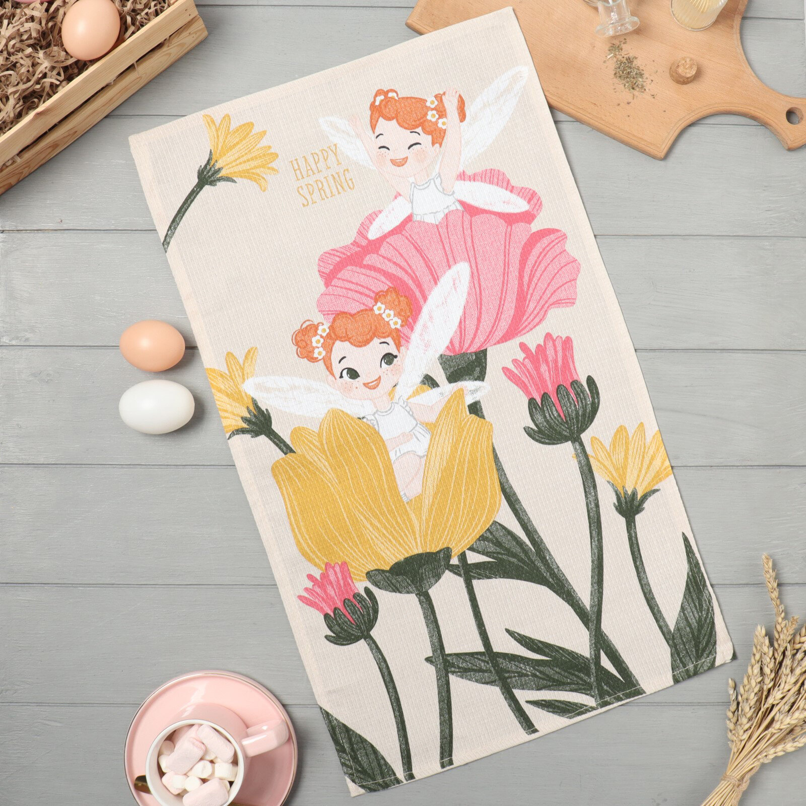 Полотенце кухонное 35х60, Доляна "Happy Spring" цвет бежевый, 100% хлопок