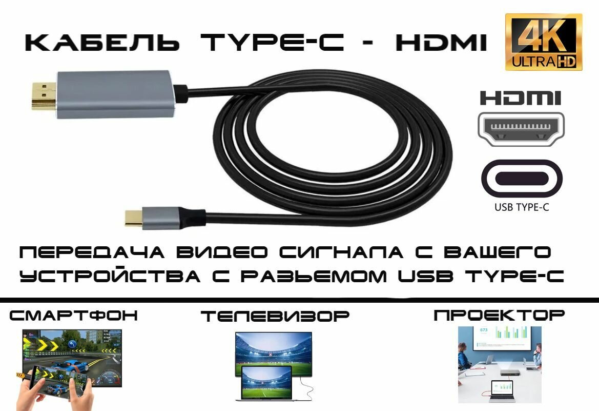 Видео кабель HDMI to USB Type-C для подключения к телевизору, длина 2 метра, 4К разрешение, хдми 60 Гц, совместим с UHD телевизорами
