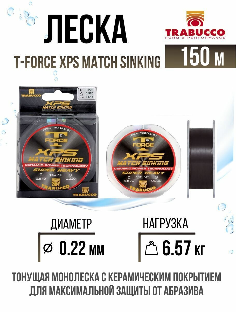 Монолеска для рыбалки Trabucco T-Force XPS Match Sinking 150m Glossy Black 0.220mm 6.57kg