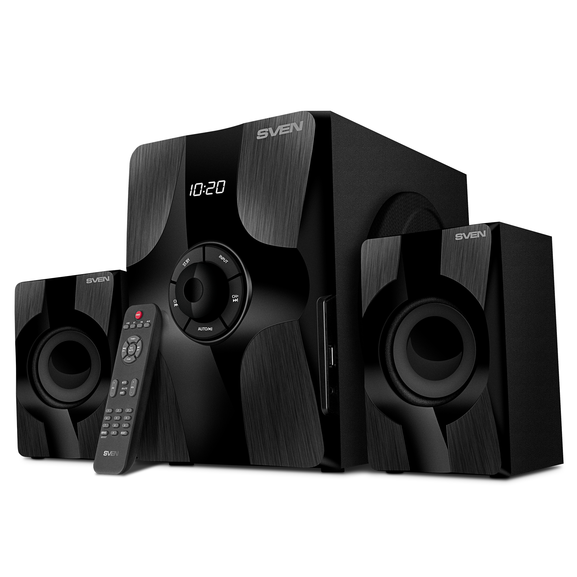 Колонки SVEN MS-315 2.1 чёрные (2x13W + 20W, Bluetooth, ПДУ, USB flash, LED-дисплей, FM-радио) (SV-020880)