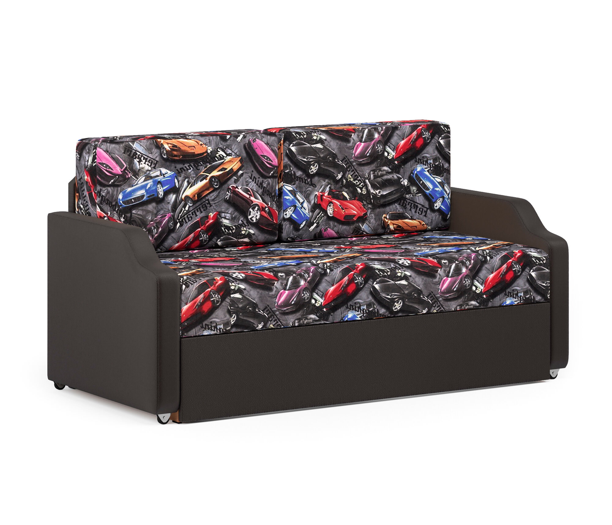 Диван Малыш раскладной механизм 148х69х66 см Машинки и экокожа шоколад