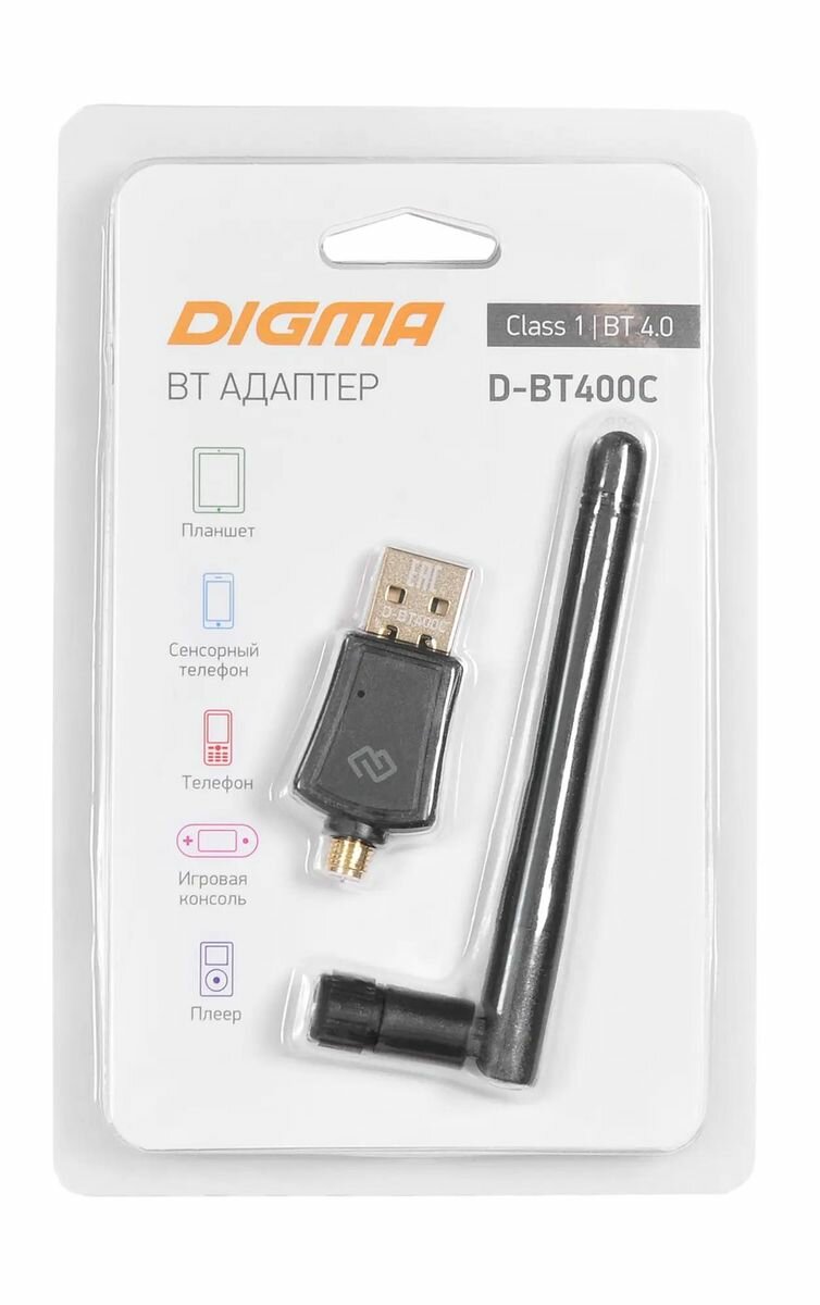 Bluetooth адаптер Digma D-BT400C BT 4.0+EDR class 1, USB, 100м, черный