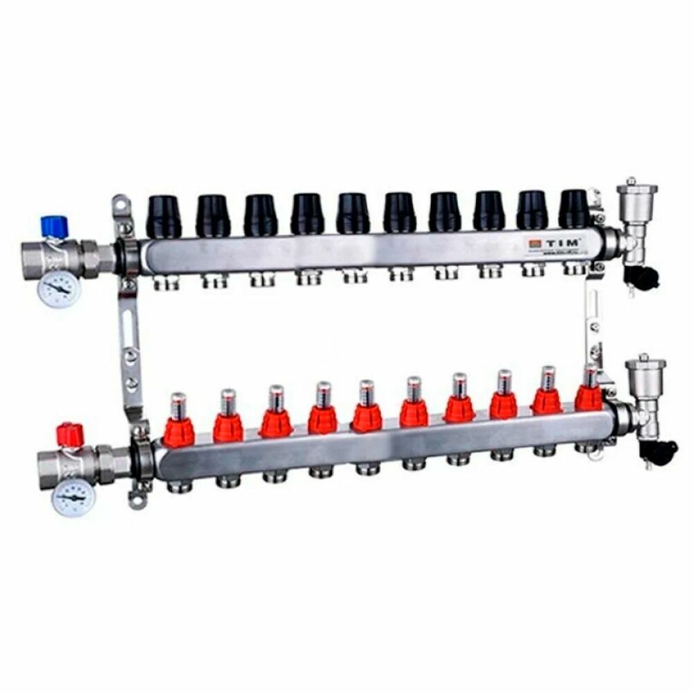 Коллекторная группа 1" - 9вых. "Квадрат" (с расходомерами, дренаж. краном и воздухоотвод) нерж. корпус, TIM