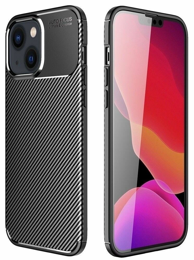 Чехол на iPhone 14 силиконовый под карбон черный противоударный