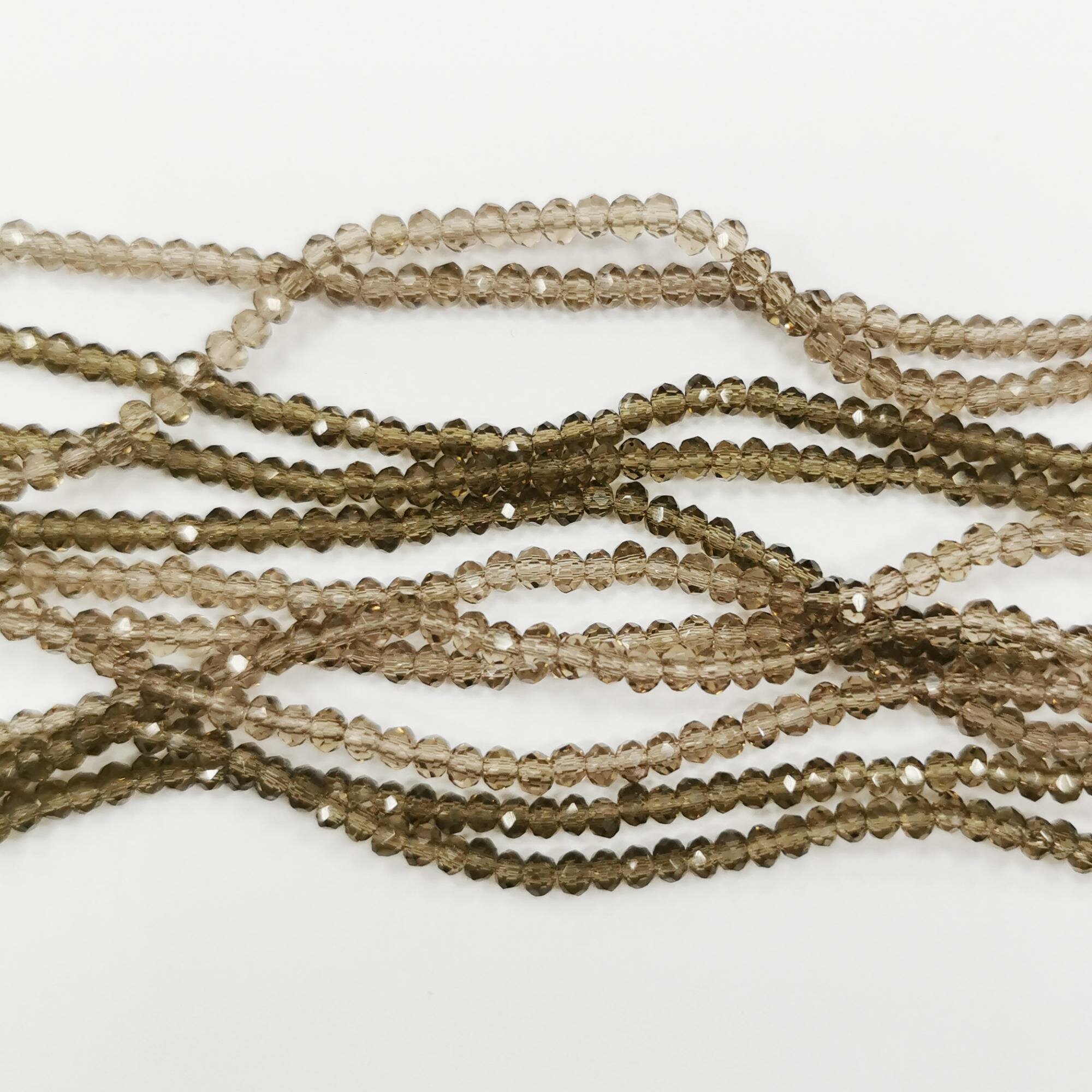 Бусины стеклянные, 3х2мм, граненые, рондели, коричнево-серые, 170 шт, низка