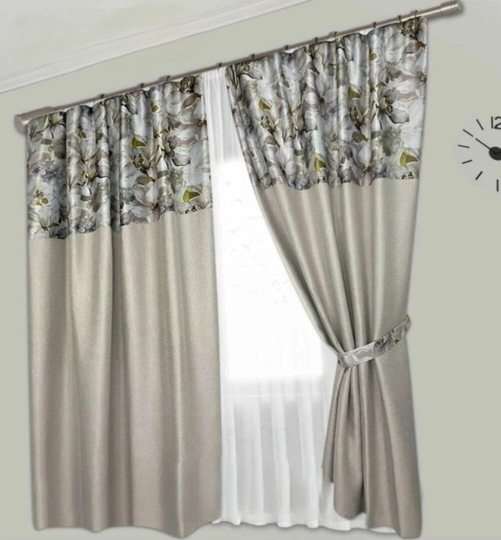 Шторы кухонные, рогожка, 180x270 см, непрозрачные, бежевые, с цветочным рисунком