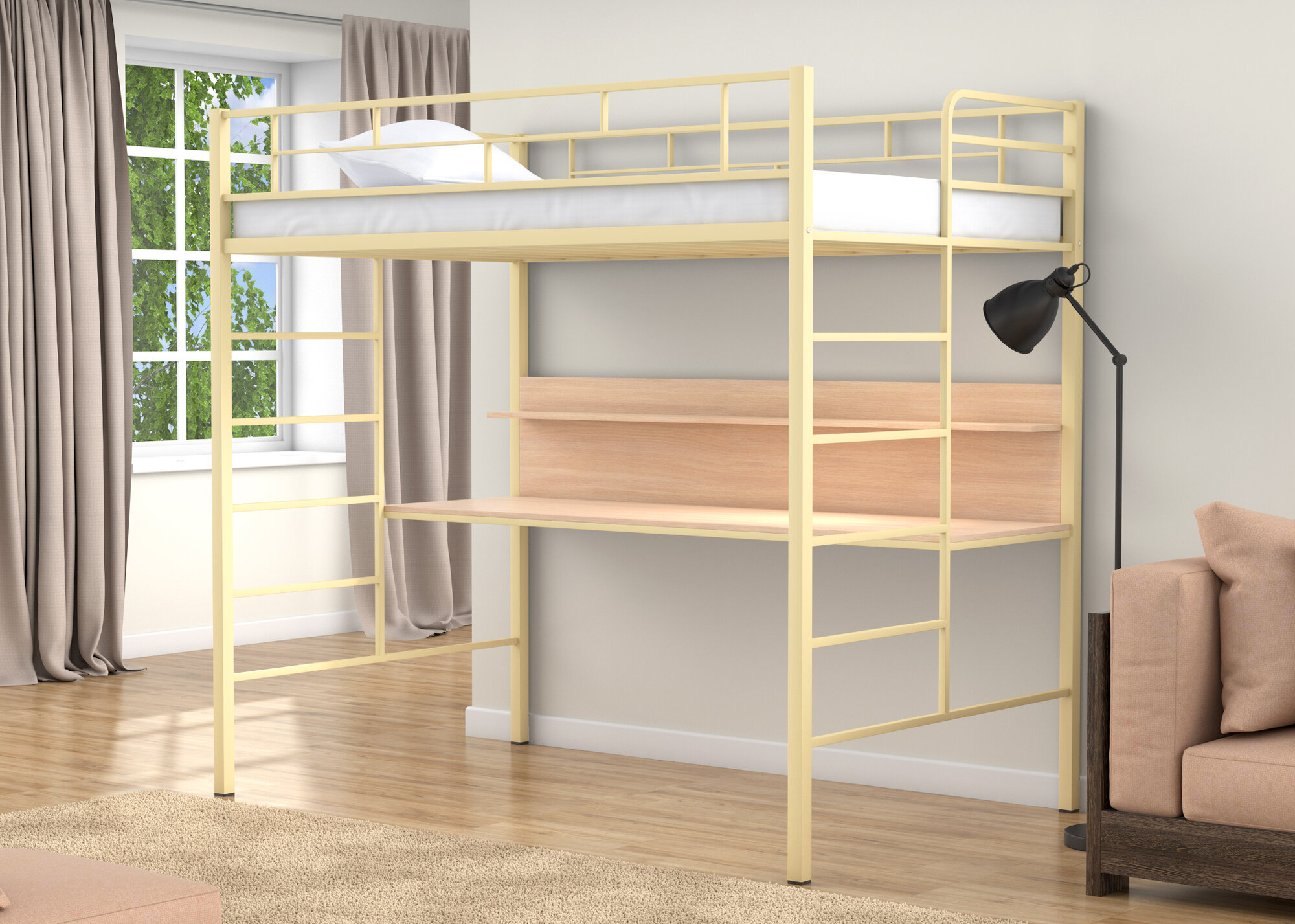 Кровать чердак "Амстердам-120" Слоновая кость со столом Дуб молочный