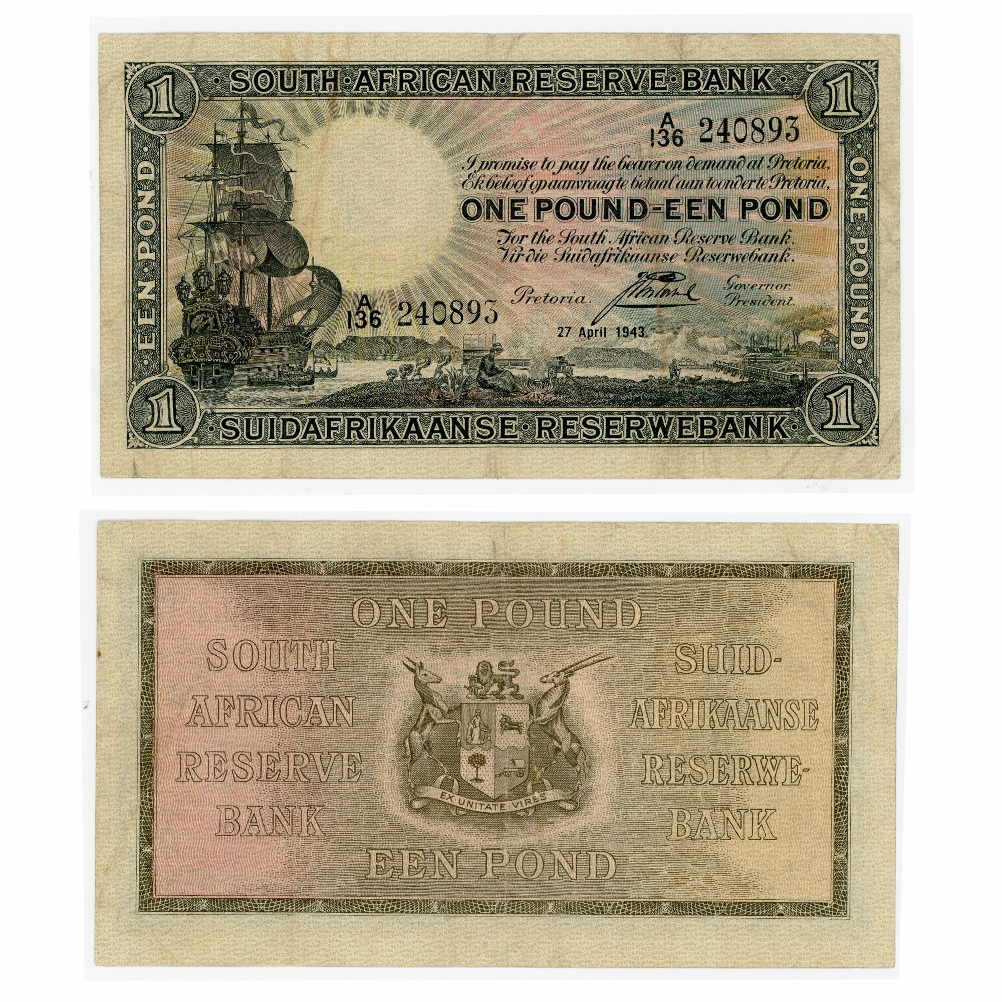 Банкнота Южная Африка 1 фунт ONE POUND-EEN POUND 1943 Fine (F) Pick 84e