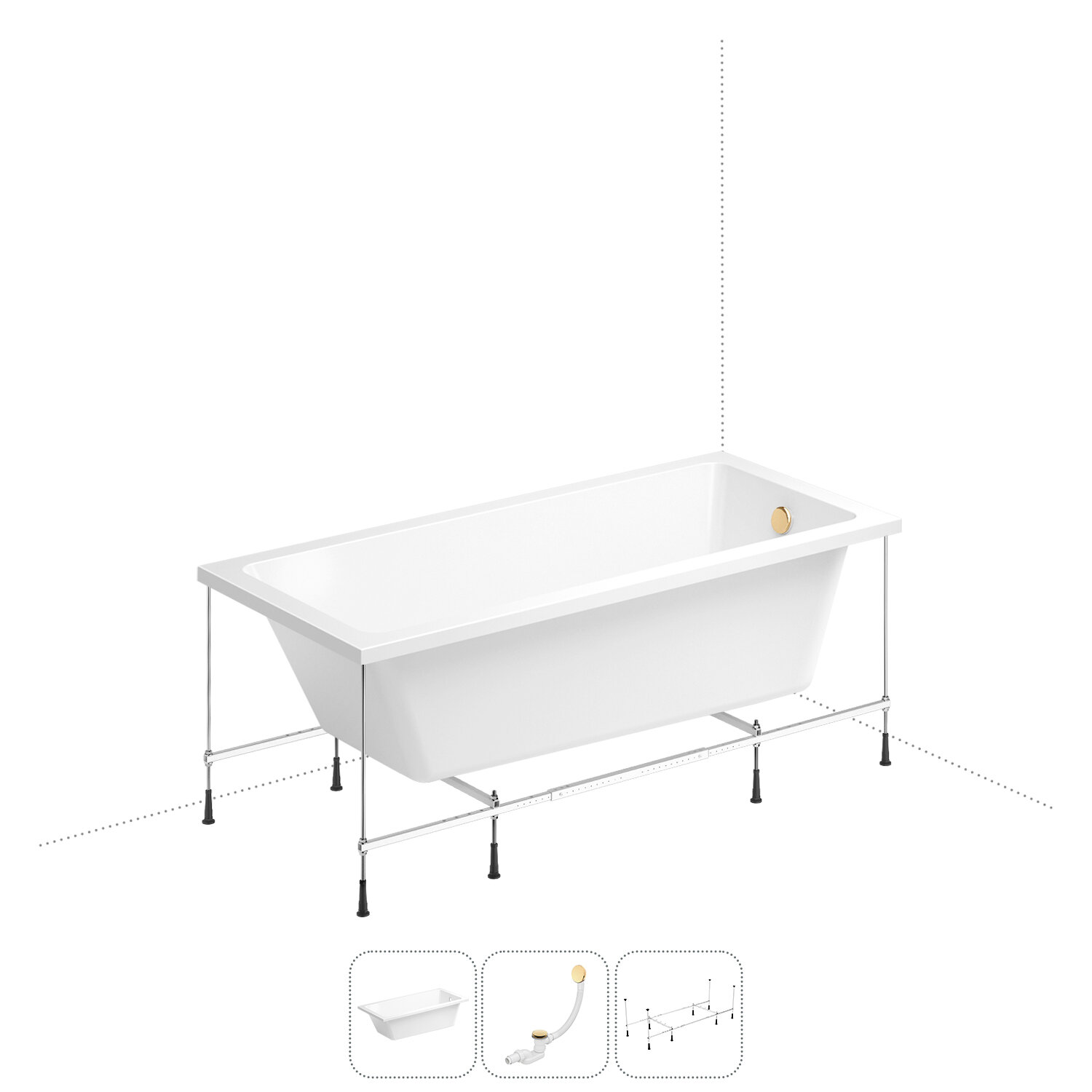 Акриловая ванна 180х85 с каркасом Wellsee FreeDom 202010538 в наборе 3 в 1: ванна акриловая 180 х 85 см в цвете белый глянец, слив-перелив золото, каркас