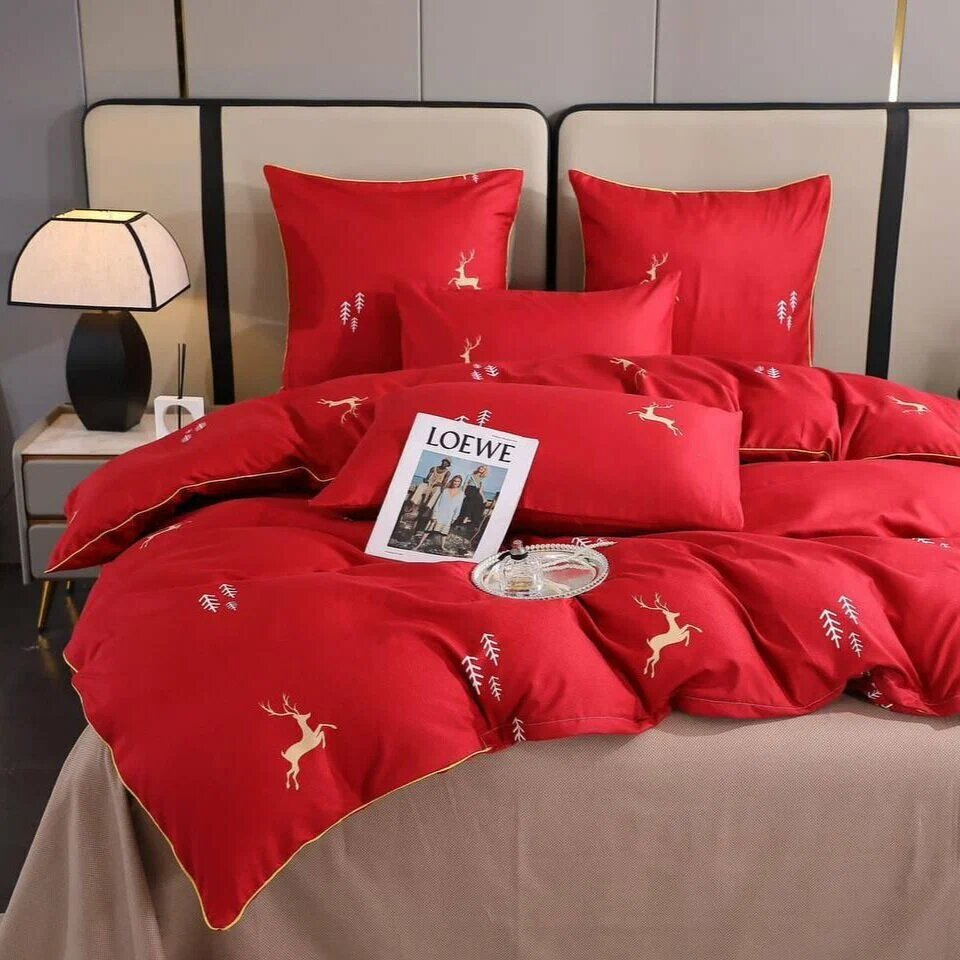 Постельное белье Amber Ariel "Олени", хлопок, 1,5 спальное, 2 наволочки, красное