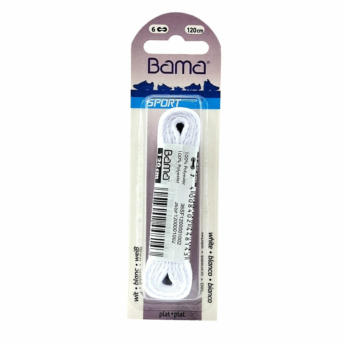 Шнурки плоские белые для обуви, Bama Германия, длина 120 см(на 7 рядов шнуровки), 6 мм, 1 пара, полиэстр