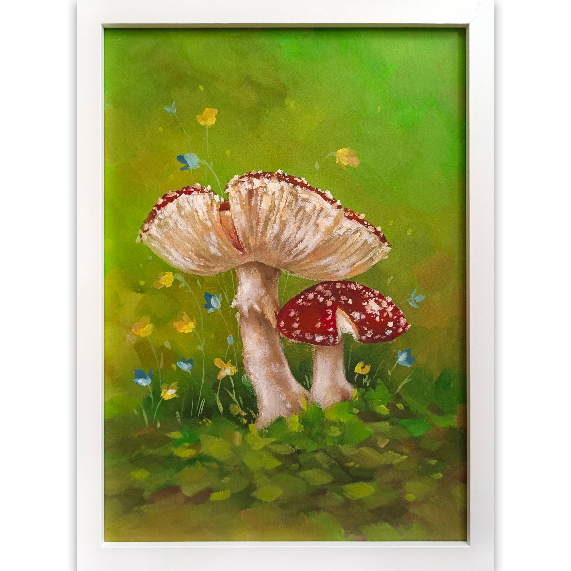 "Два мухомора" авторская картина маслом с лесными грибами в белой раме А4