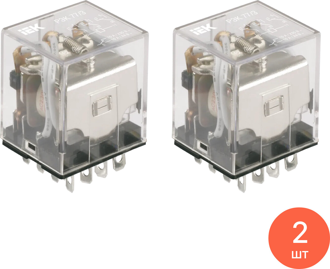 Реле промежуточное IEK / ИЭК РЭК77/3, серебросодержащие контакты, 31x42x27мм, 10А 220В АC, RRP10-3-10-220A / электрика (комплект из 2 шт)