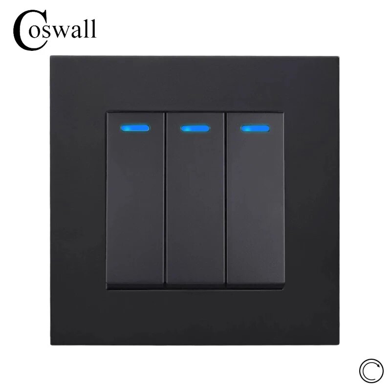 Coswall Импульсный переключатель 1/2/3/4 места синего цвета 3GR-Black 12-250V