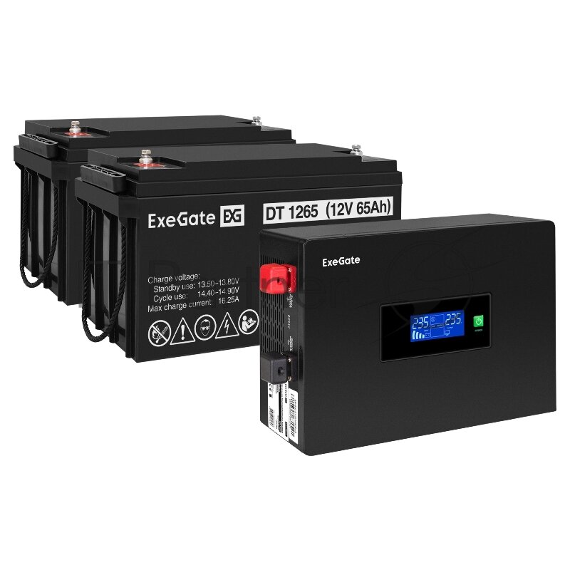 Комплект ИБП EX295994RUS + батарея 65Aч EX282980RUS 2шт (инвертор, синус, для котла, PF=1, настенный) ExeGate IdealSine SR-1500. LCD.2SH <1500VA/1500W, чистая синусоида, цветной LCD-дисплей, 2*Schuko, крепление настенное, Black> + батарея ExeGate DT
